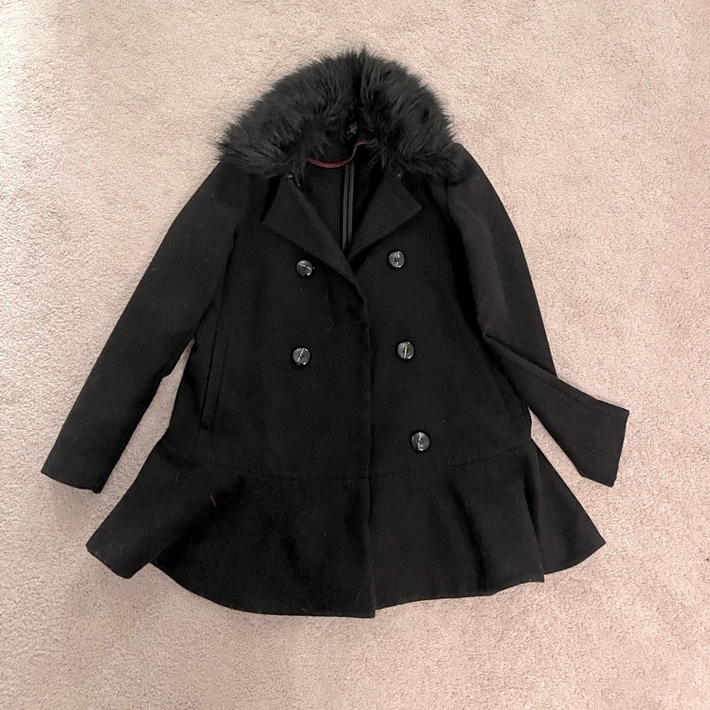 Flare Coat With Removable Fur Collar - Gem